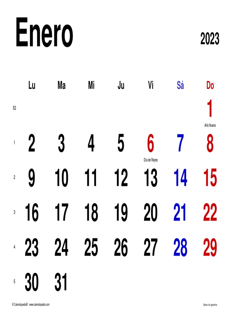 Calendario Enero 2023 Espana Horizontal Clasico | PDF
