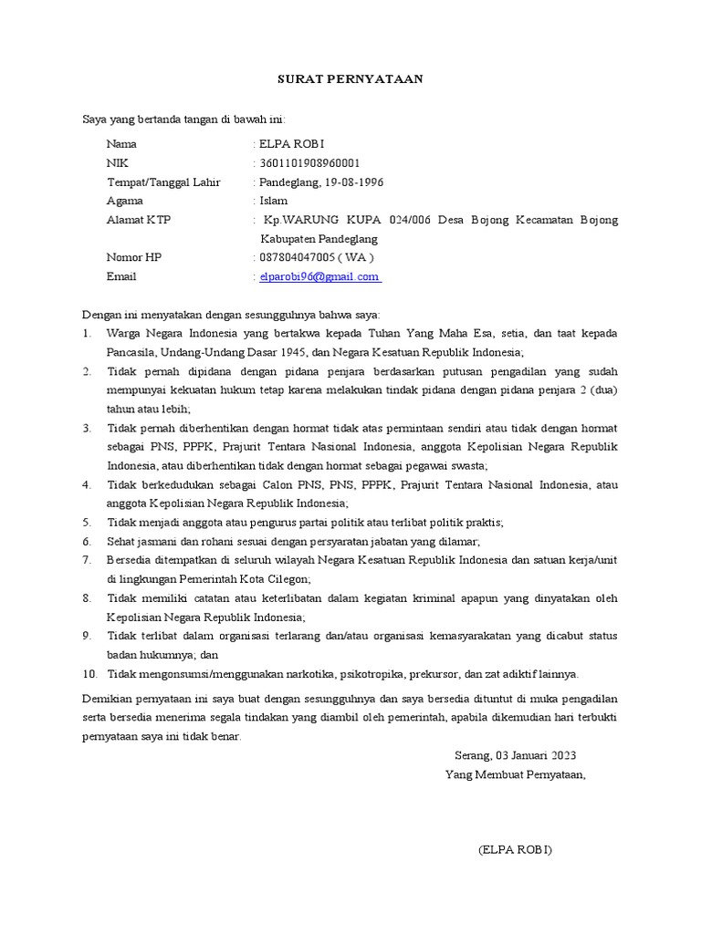 Surat Pernyataan Elpa Robi | PDF