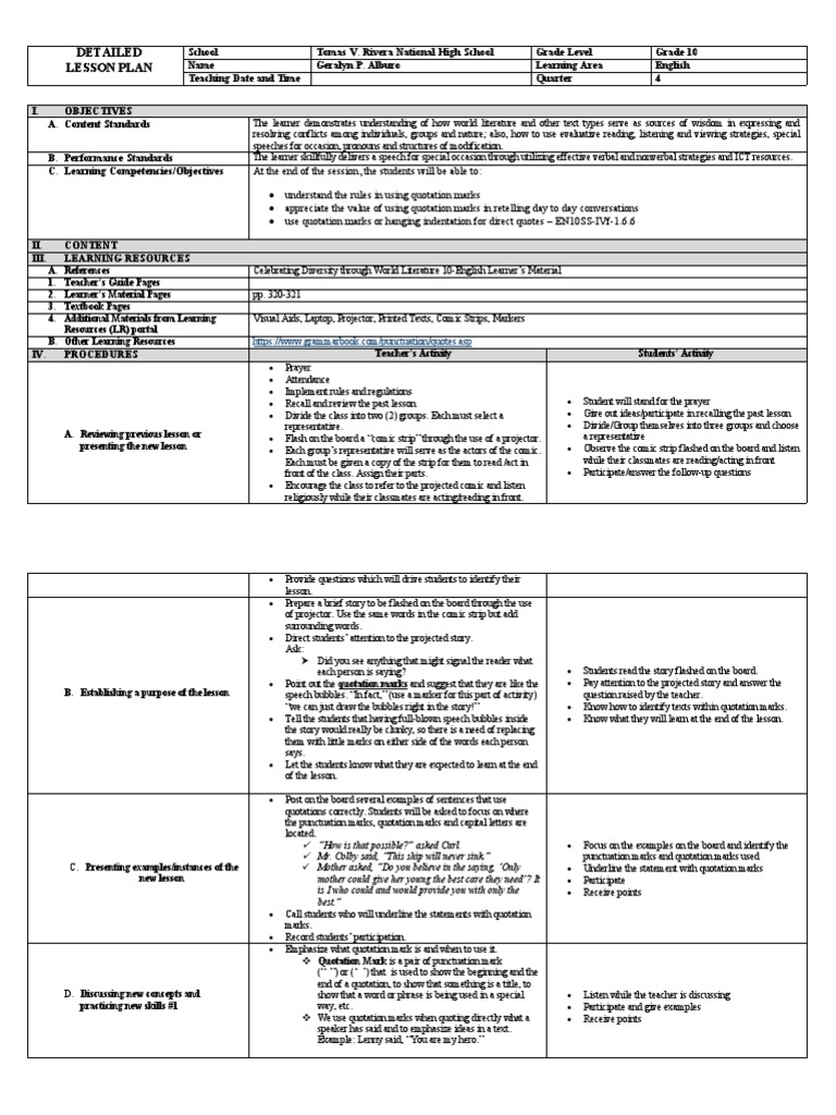 Detailed Lesson Plan | PDF | Quotation Mark | Punctuation