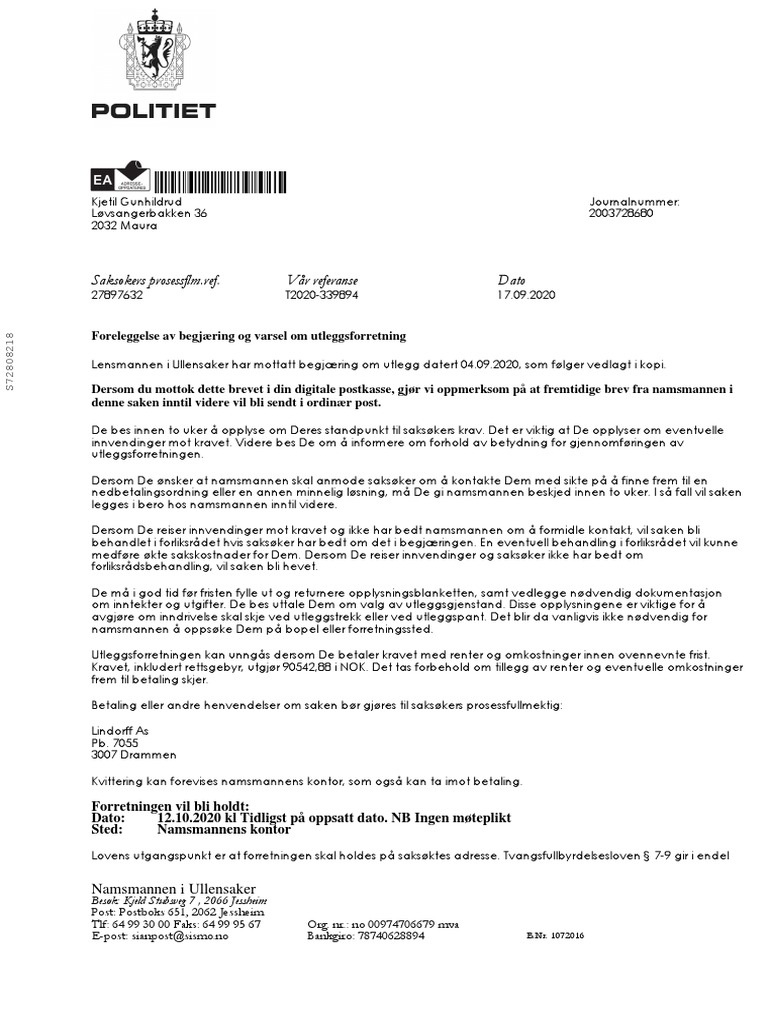 Foreleggelse Av Begjæring Og Varsel Om Utleggsforr | PDF