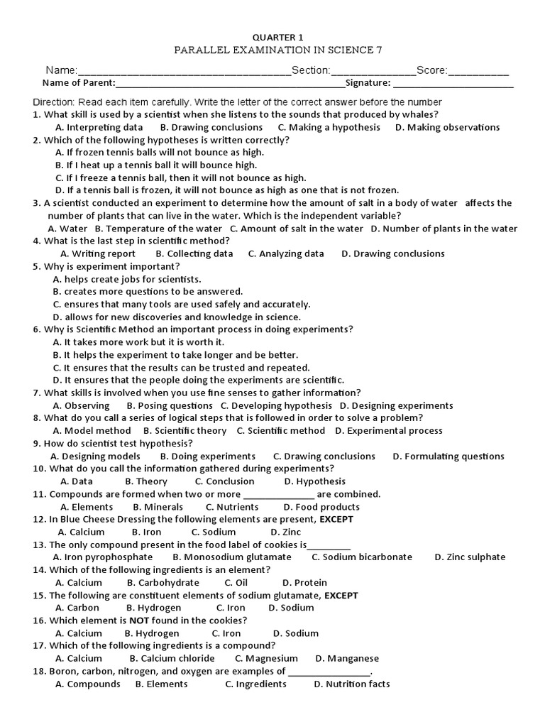 Science 7 Parallel Test 2021-2022 | PDF | Cell (Biology) | Solubility