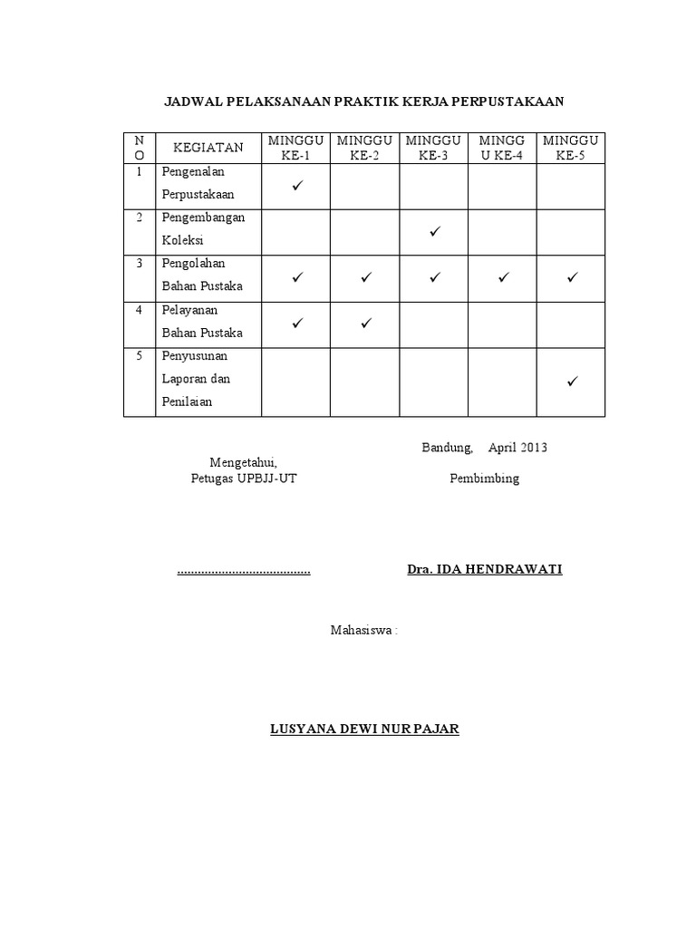 Jadwal Pelaksanaan Praktik Kerja Perpustakaan | PDF