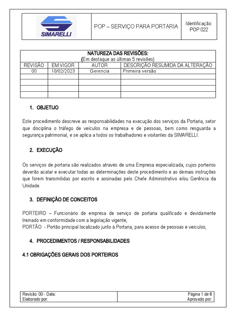 Pop 022 Procedimento para Serviços de Portaria v0 | PDF | Entrada/Saída