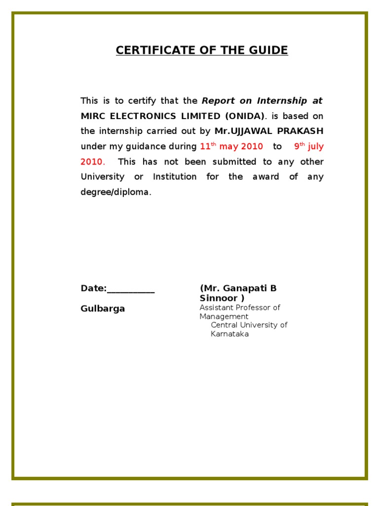 Guide Certificate for Internship Report | PDF