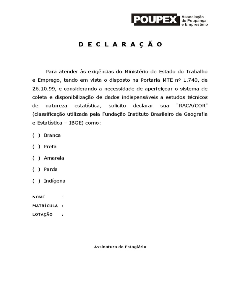 Declaração de raça/cor para fins estatísticos | PDF