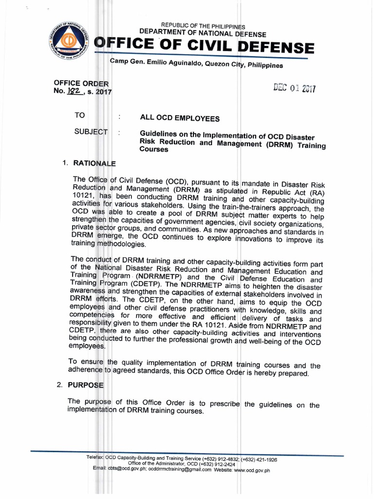 OCD OO 182 01dec17 Guidelines On The Implementation of OCD DRRM Training Courses | PDF
