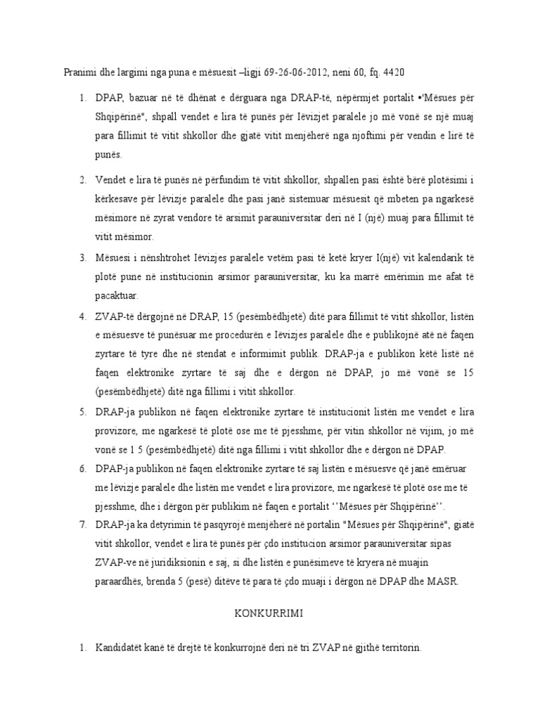 Pranimi Dhe Largimi Nga Puna e Mësuesit | PDF