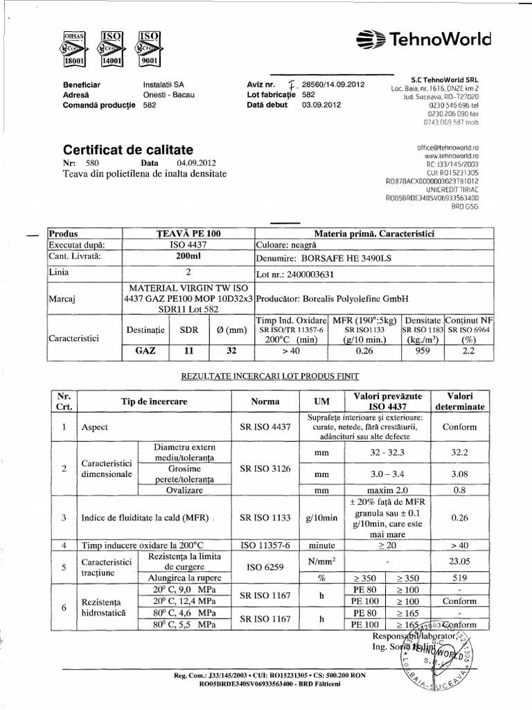 Certificat Calitate Teava | PDF