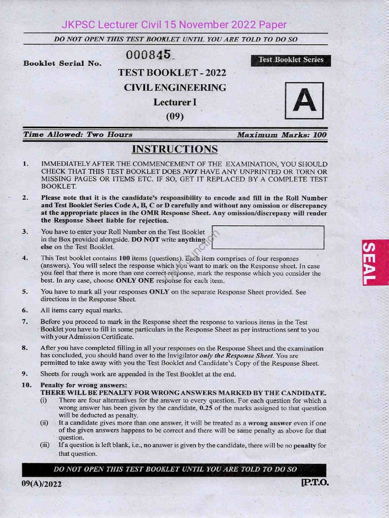 JKPSC Lecturer Civil 15 November 2022 Paper CJ | PDF