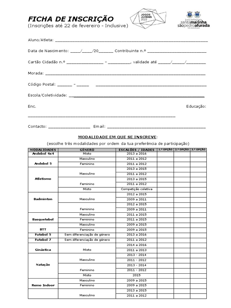 JJG23 - Ficha de Inscrição Atletas | PDF | Imagem