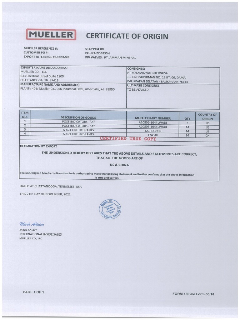 Certificate Mueller 2nd KMI PO. PO-JKT-22-0255-L | PDF