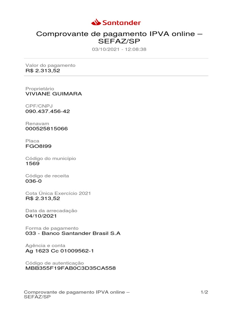 Comprovante de Pagamento IPVA Online - Sefaz/Sp 1/2 | PDF