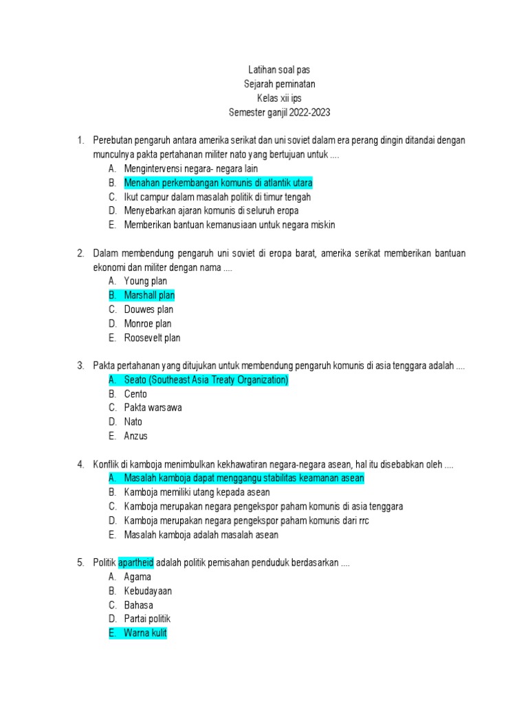 Latihan Soal Pas Sejarah Peminatan Kelas Xii Ips 2022-2023 | PDF