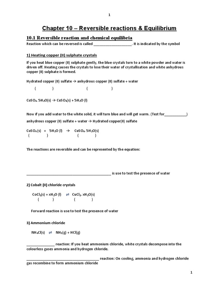 Chapter 10 - Reversible Reactions & Equilibrium: 10.1 Reversible ...