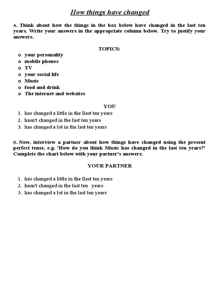 How Things Have Changed Present Perfect Activity | PDF | Language Arts ...