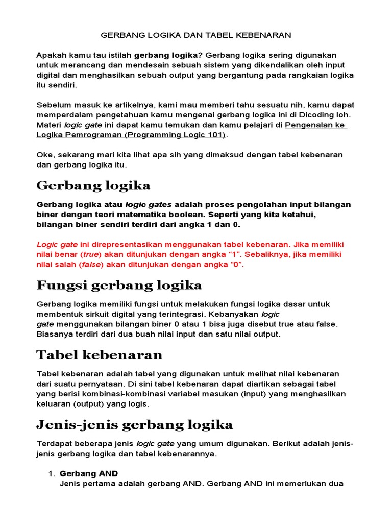 Gerbang Logika & Tabel Kebenaran | PDF