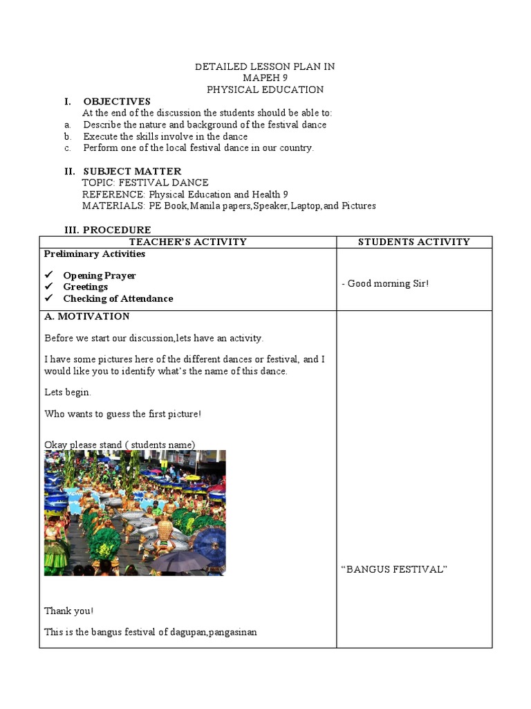 Detailed Lesson Plan in Physical Education 9 | PDF | Festival | Philippines