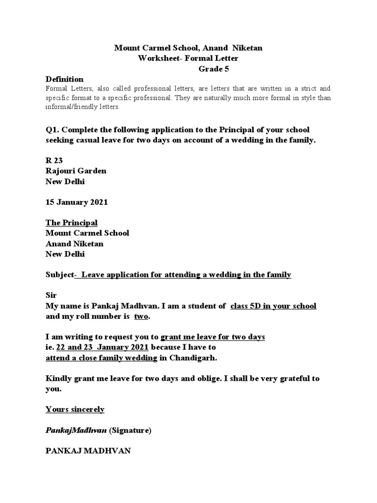 Formal Letter Sample Grade 5 | PDF