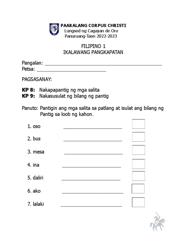 Exh5m3os9 - FILIPINO 1 - Pagsasanay - Pagpantig NG Salita-Bilang NG ...