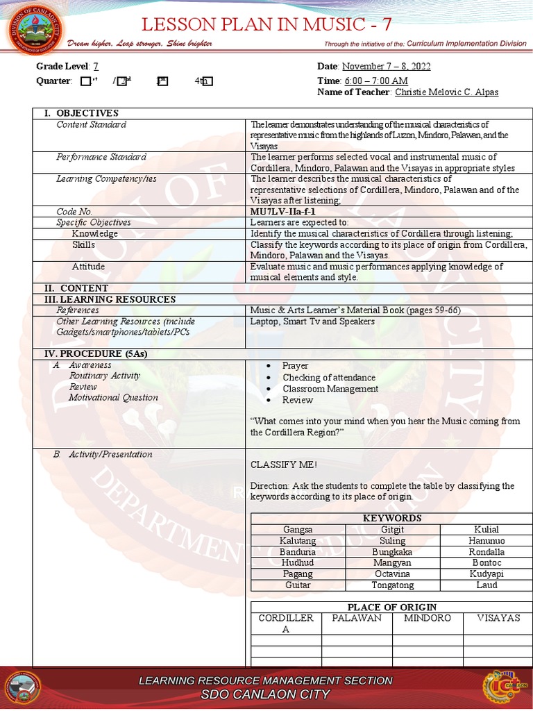 Music7 Q2-W1 (Day 1-2A) | PDF | Musical Instruments | Learning