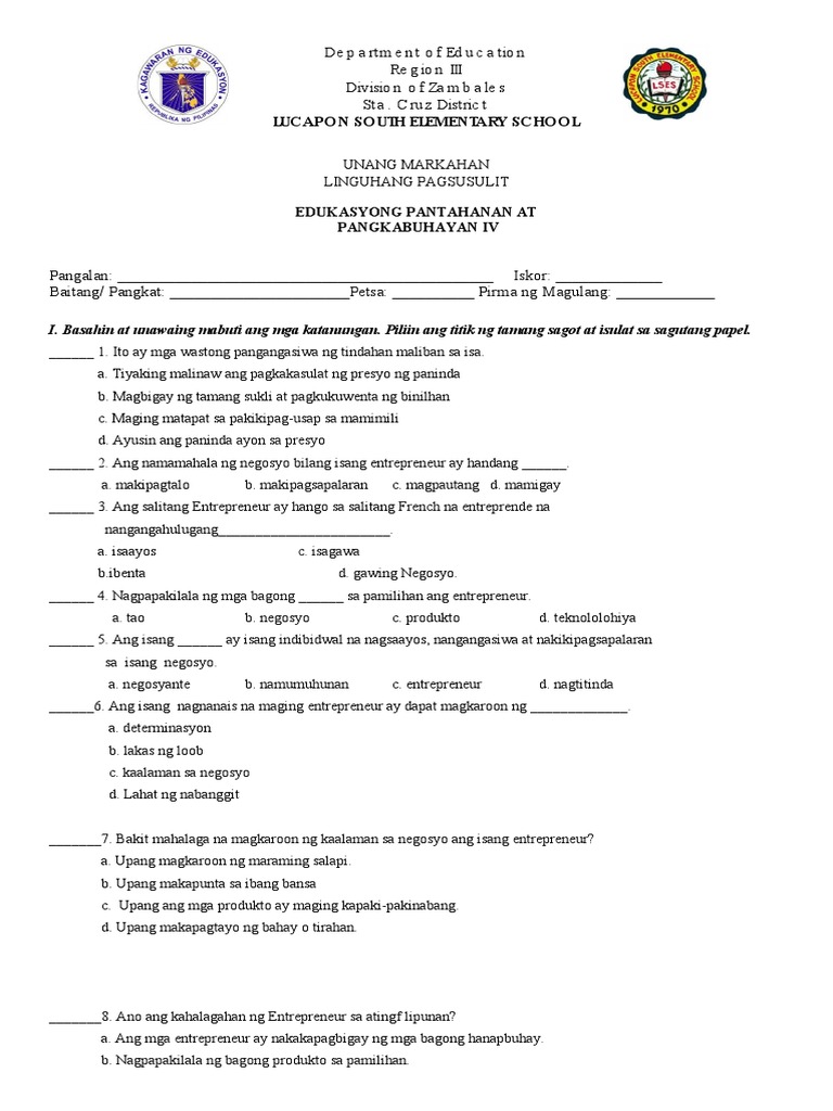 Grade 4 Q1-Summative Test-EPP-W1-W2 | PDF