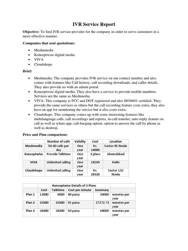 IVR Service Report | PDF | Interactive Voice Response | Telephony