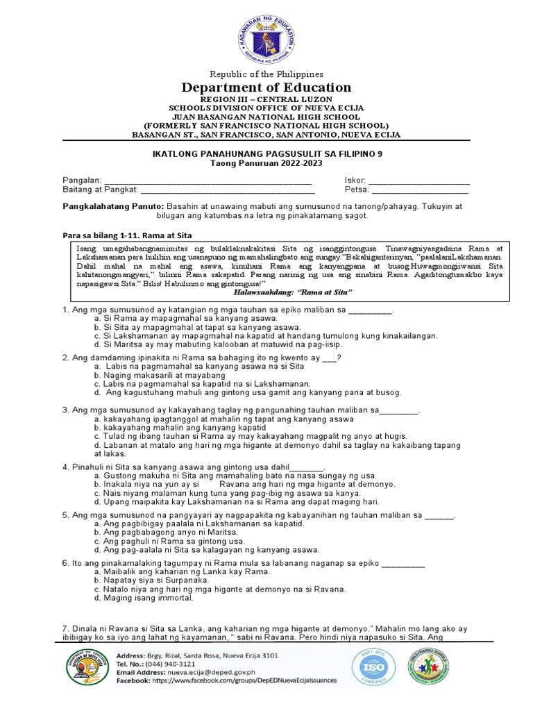 Filipino 9 3rd PT Test Answer Key | PDF