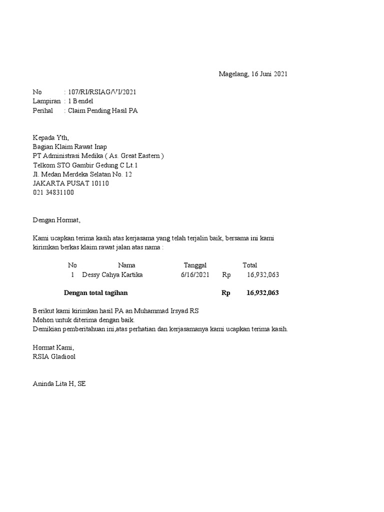 Contoh Invoice Asuransi Rawat Inap | PDF