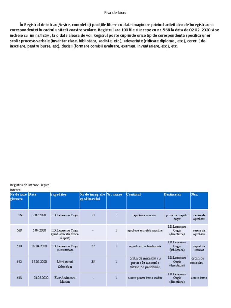 Fisa de Lucru Monitorizare Corespondenta | PDF