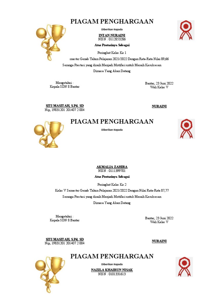 PIAGAM PENGHARGAAN Juara Kelas | PDF