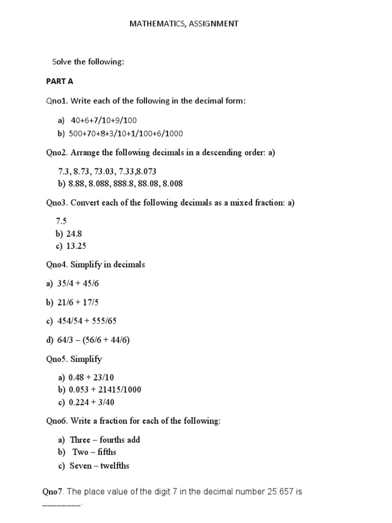 CBSE Class 6 Mathematics Decimals Worksheet | PDF | Naming Conventions | Mathematics