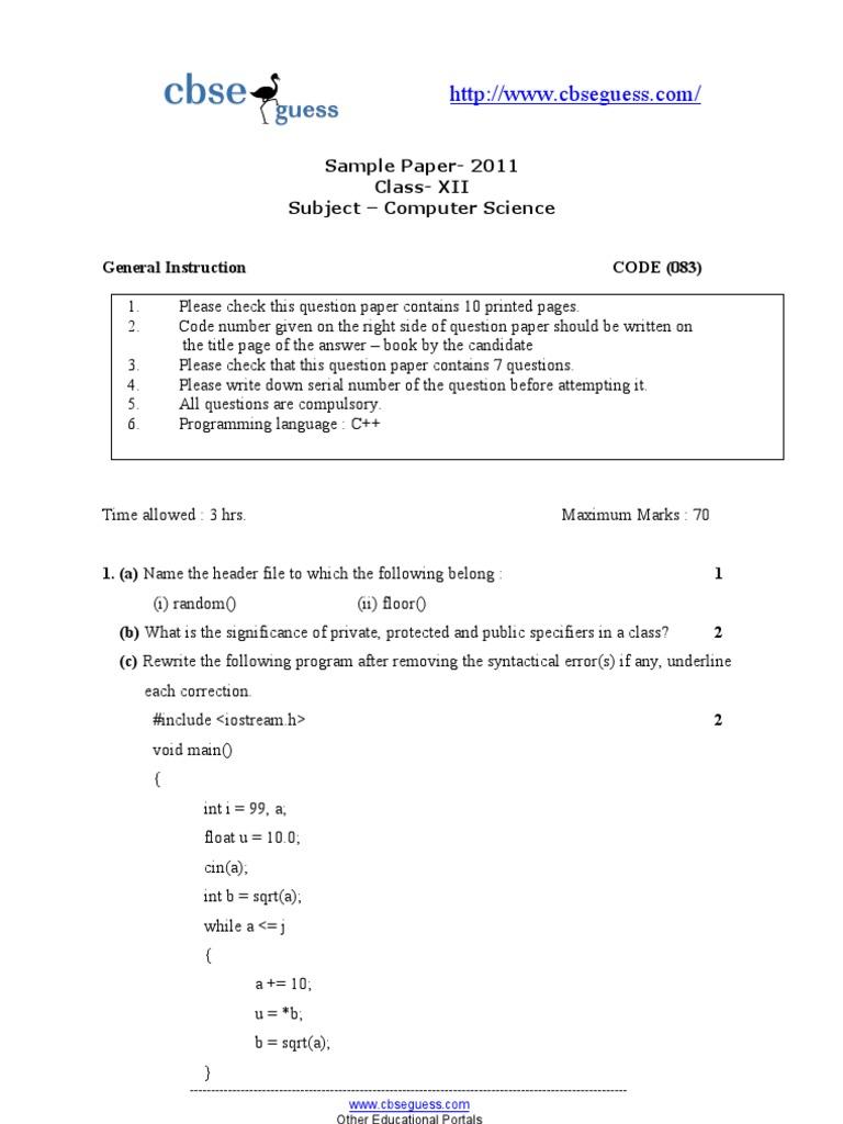 Sample Paper 1 | Download Free PDF | Array Data Structure | Subroutine