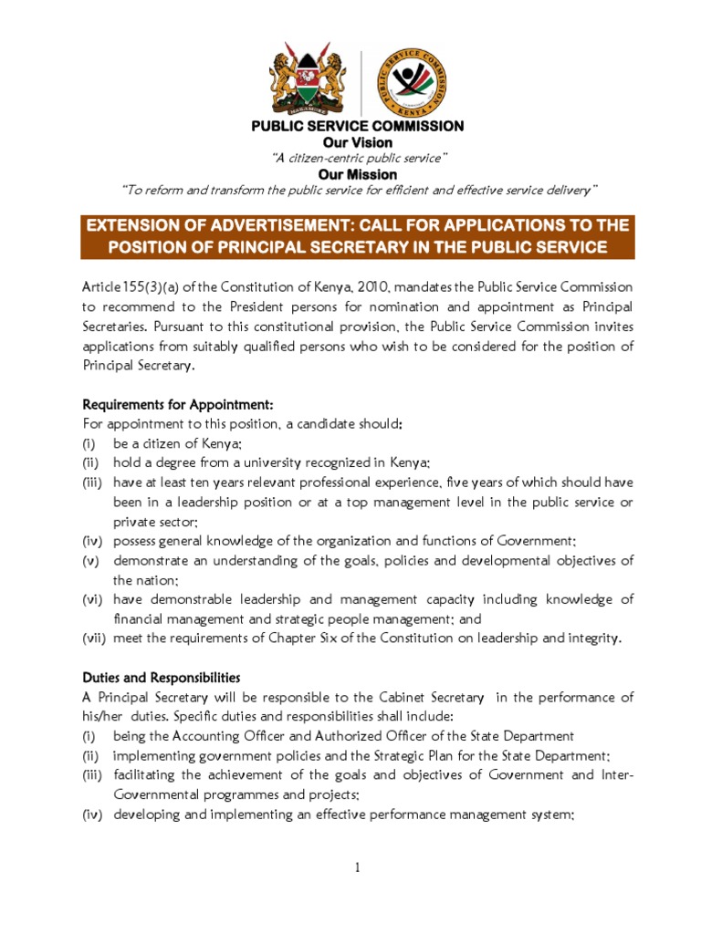 Advertisement For The Position of Principal Secretary in The Public ...