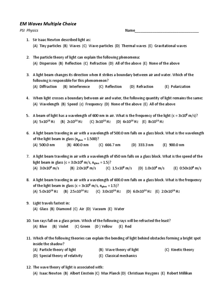 Abp - em Waves Multiple Choice | PDF | Electromagnetic Radiation | Light