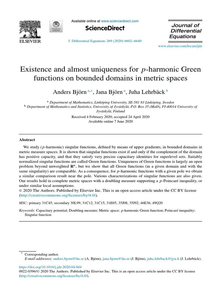 Existence and Almost Uniqueness For P-Harmonic Green | PDF | Green's Function | Function ...