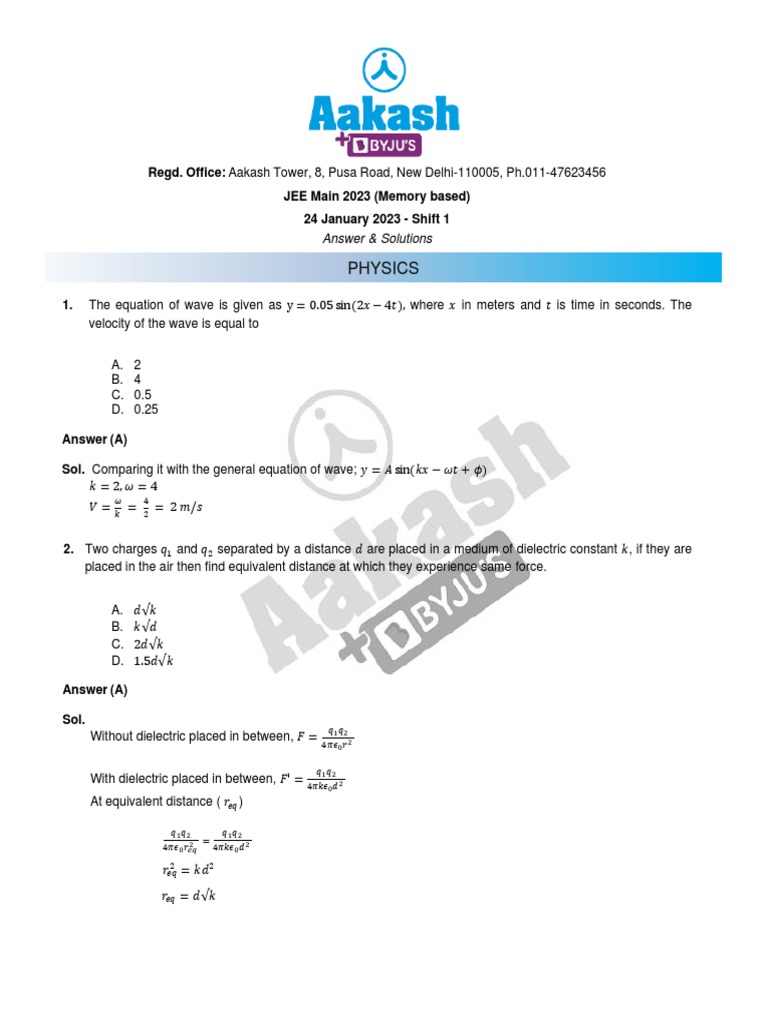 JEE Main 2023 Physics 24 Jan Shift 1 QP | PDF | Force | Motion (Physics)