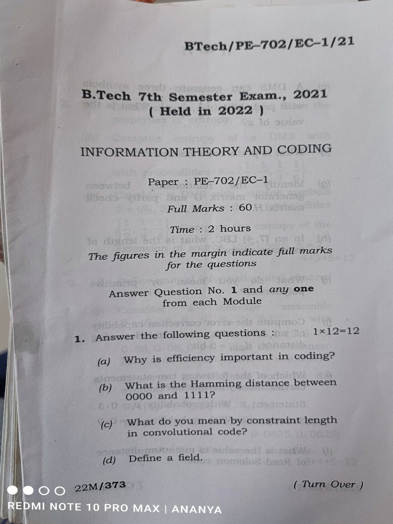 B.Tech Info Theory Exam 2021 | PDF | Computing | Computer Engineering