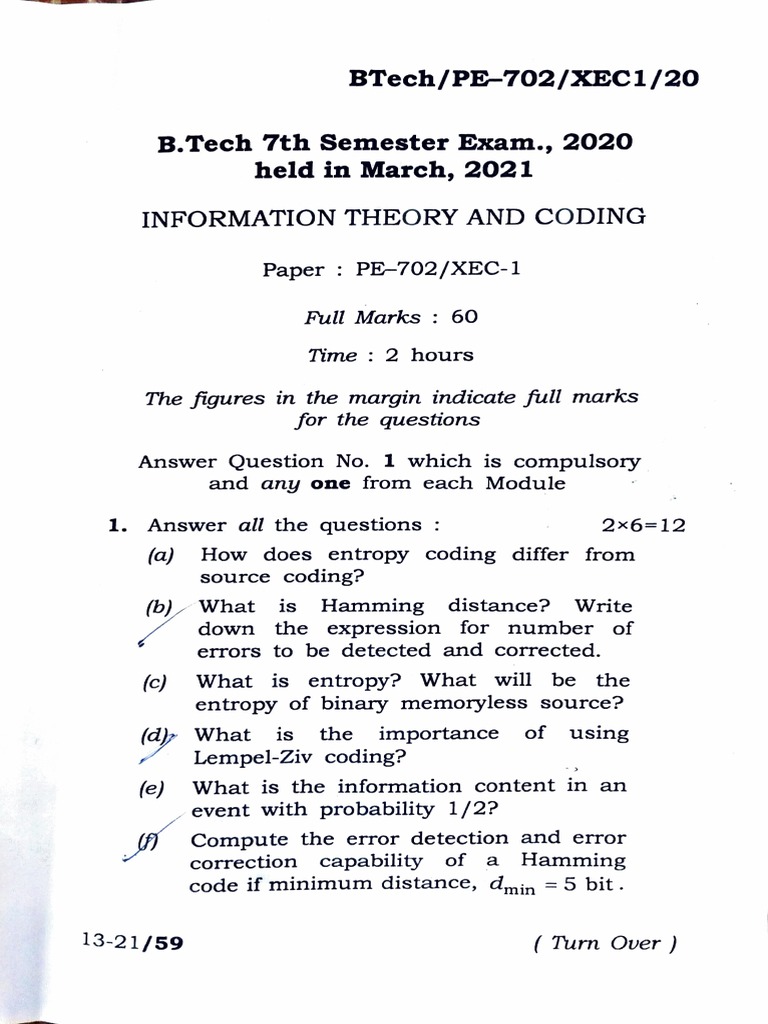 ITC Question Paper 2020-21 | PDF | Discrete Mathematics | Applied ...