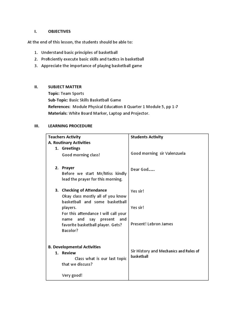 Lesson Plan BPED 21 | PDF | Sports | Team Sports
