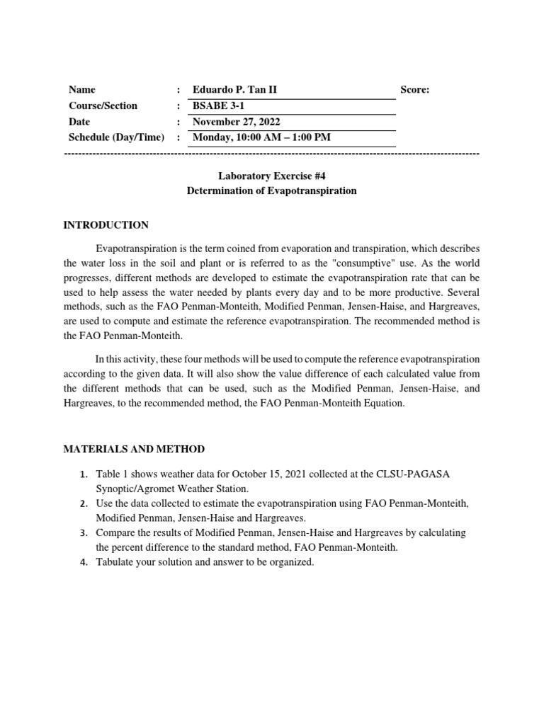 Laboratory Exercise 4 Evapotranspiration Tan Eduardo II P. | PDF ...