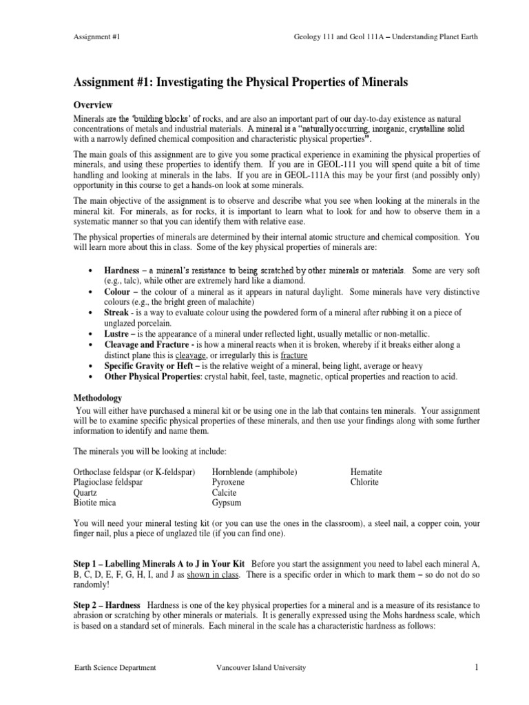 Geol 111 Assignment1 Pdf Minerals Materials