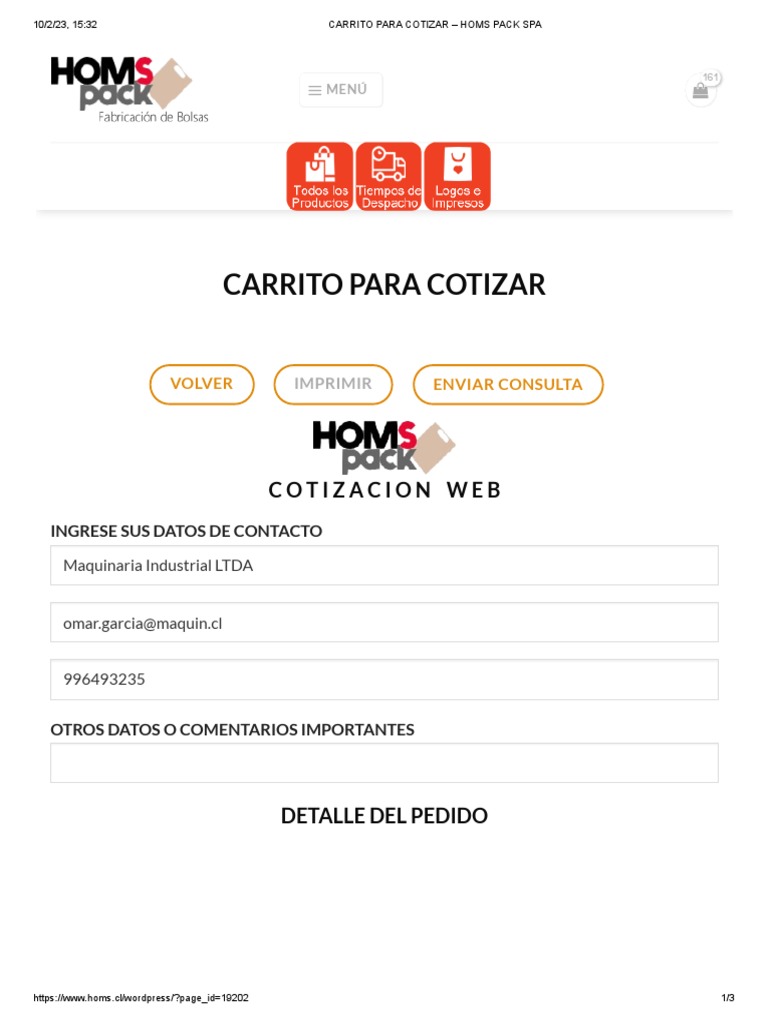 Carrito para Cotizar - Homs Pack Spa | PDF