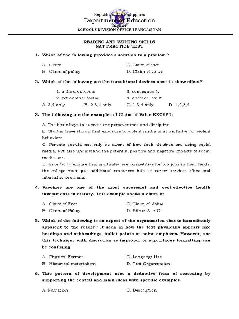 Reading and Writing Practice Test | PDF | Punctuation | Literacy