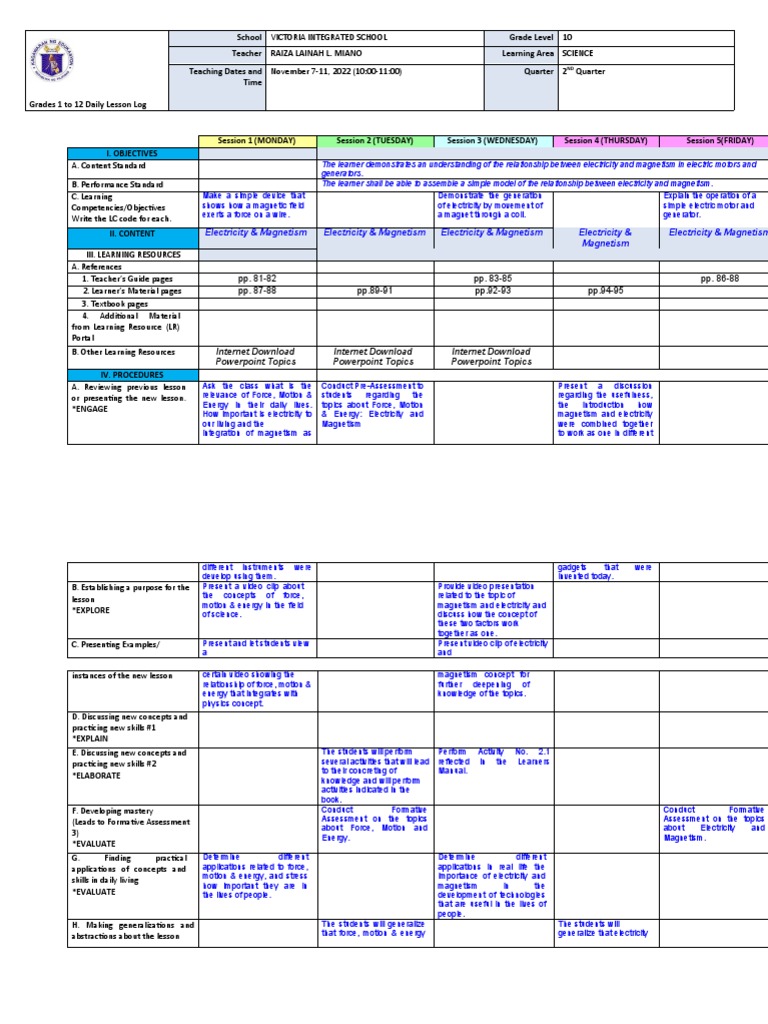 DLL Science 10 Week 3 Nov.14-18 | PDF | Educational Assessment | Learning
