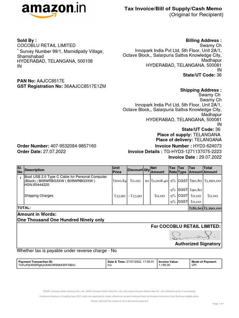 Amazon Seller Services Mumbai (7350) - Invoice 2 (1190) | PDF | Invoice ...