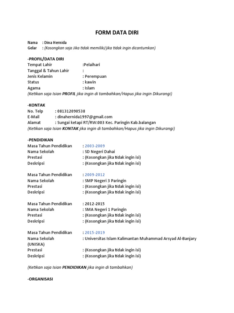 Formulir Lengkap Data Diri | PDF | Karier & Perkembangan