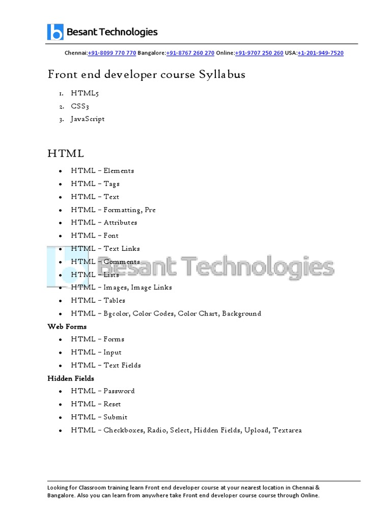 WebDeveloper FrontEnd Course Syllabus (Basic) | PDF | Html | Html Element WebDeveloper FrontEnd Course Syllabus (Basic) | PDF | Html | Html Element