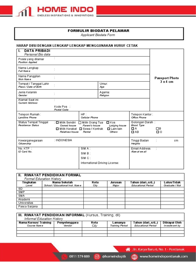 Form Biodata Pelamar Home Indo | PDF