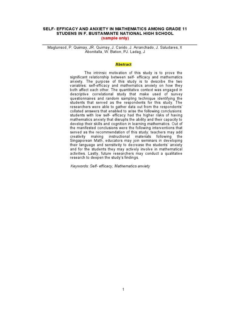 Self-Efficacy and Math Anxiety in Students | PDF | Self Efficacy ...