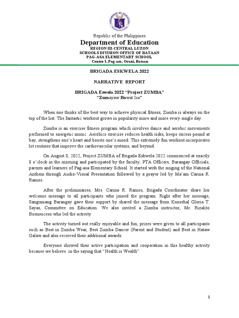 Zumba Fitness Report: Brigada Eskwela 2022 | PDF | Physical Fitness ...